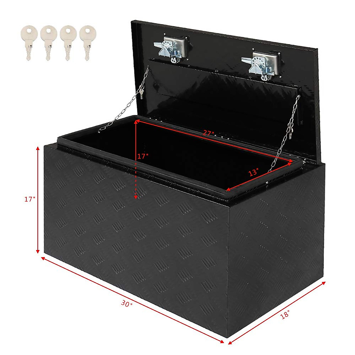 MOTORHOT 30" W x 17" D x 18" H Aluminum Truck Bed Tool Box, Diamond Plate ToolBox for Pick Up Truck RV Trailer, Chest Storage Organizer with Lock and Keys, Black