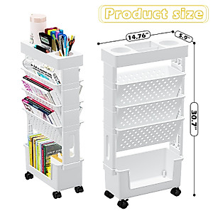 5 Tier Book Rack Storage Bookshelf, Rolling Utility Cart Multi-Functional Movable Storage Book Shelves with Lockable Casters, Mobile Bookshelf with Wheels, Movable Unique Bookcase Small Rolling Cart