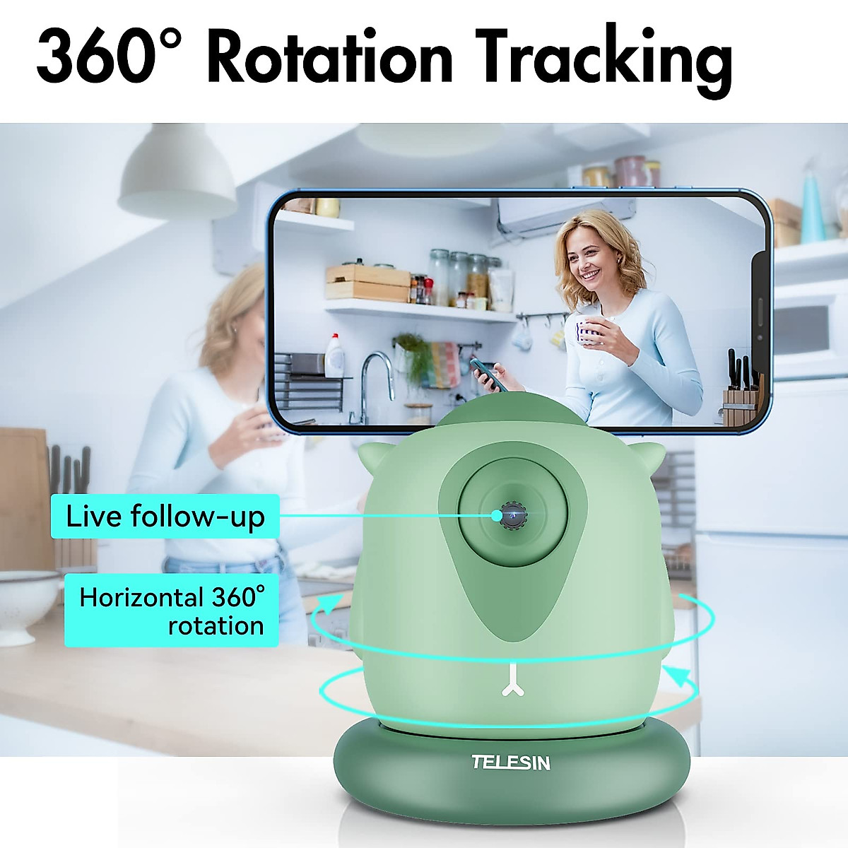TELESIN Selfie Auto Tracking Phone Mount 360 Rotation Fast Face Object Tracking Holder for GoPro Insta360 Action Camera Phones SLR Mirrorless Video Vlog Live Streaming Meeting (Light Green)
