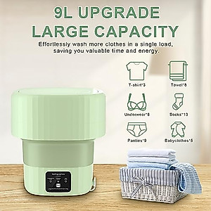 Yanpoake Foldable Portable Washing Machine and Spin Dryer 9L Compact Mini Washer for Baby Clothes Underwear Laundry Apartment RV Travel Camping, Green