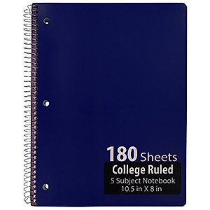 Emraw 5 Subject Notebook Spiral with 180 Sheets of College Ruled White Paper - Set Includes: Red, Black, Purple, & Blue Covers (Random 3 Pack)