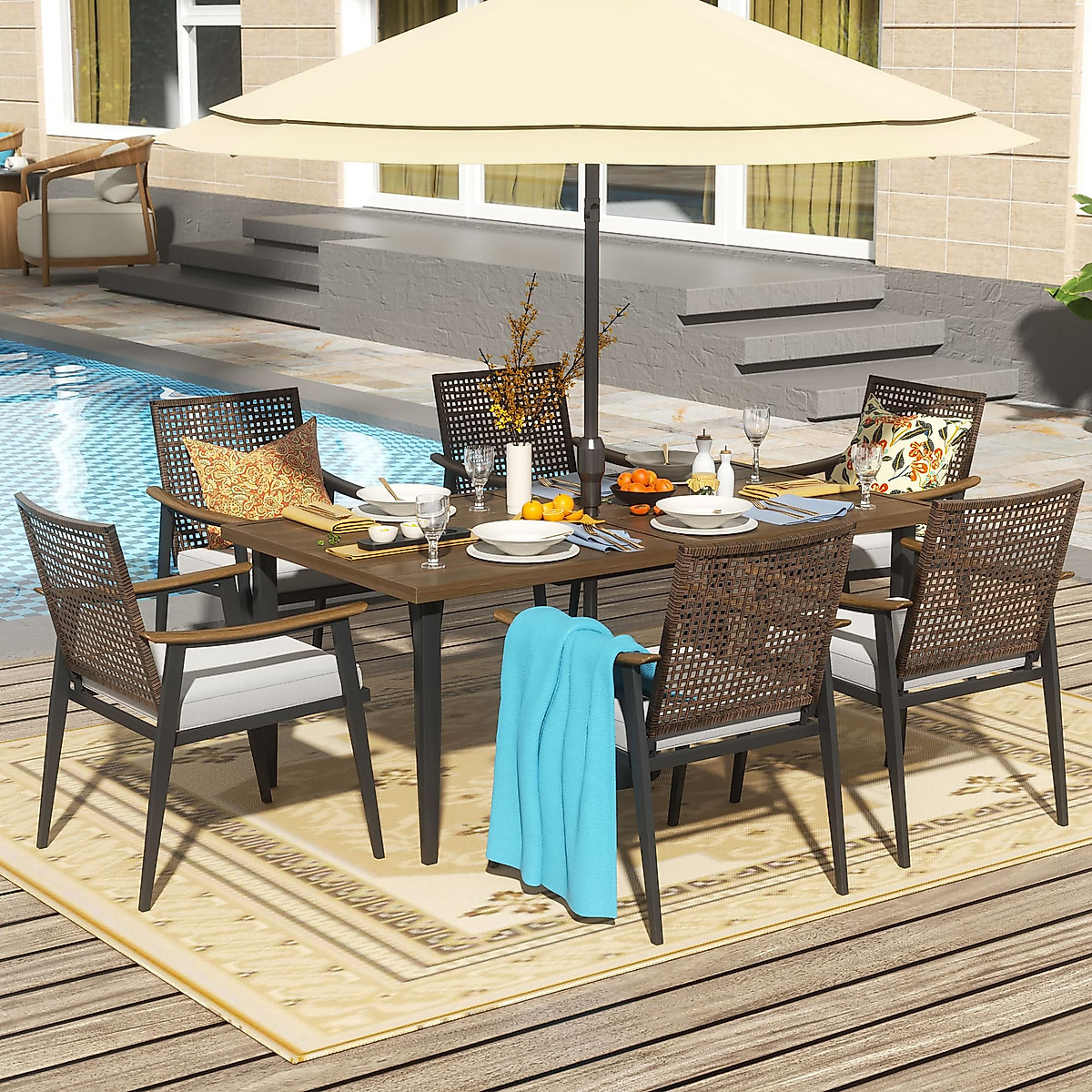 NATURAL EXPRESSIONS 7 Piece Patio Dining Table Outdoor Furniture Set, 6 Rattan Wicker Chairs with Cushions and 70” Large Dining Table with 1.65'' Umbrella Hole for Patio, Garden, Porch, Pool Beige