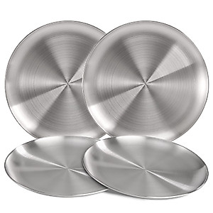 TOPZEA 4 Pack 304 Stainless Steel Dinner Plates, 10 Inch Matte Polished Metal Round Camping Dishes Set Rust-Proof Food Serving Platter for Salad, Appetizer, Fruit, Dessert, Dishwasher Safe
