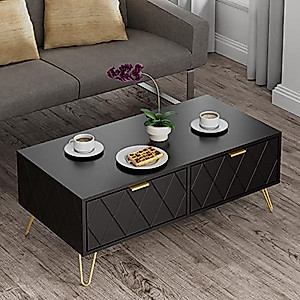 Scurrty 39.4'' Coffee Table with Large Drawers & 2 Open Storage Shelves, Black Modern Coffee Tables with Gold Metal Handles for Living Room, Bedroom and Study (Black)