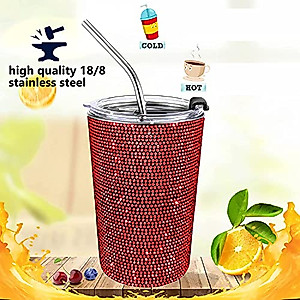 Bling Diamond Straw Cup,17oz Stainless Steel Thermal Bottle,Vacuum Double Wall Insulated Cup Glitter Water Bottle,Bling Cup, Leak-Proof Insulated Coffee Cup for Gym Fitness Travel Office Use（Red）