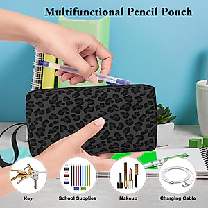 WOBAGMEN Large Pencil Case with Handle Cute Print Pencil Bag Mutifunctional Pencil Pouch Stationery Bag (Black Leopard)