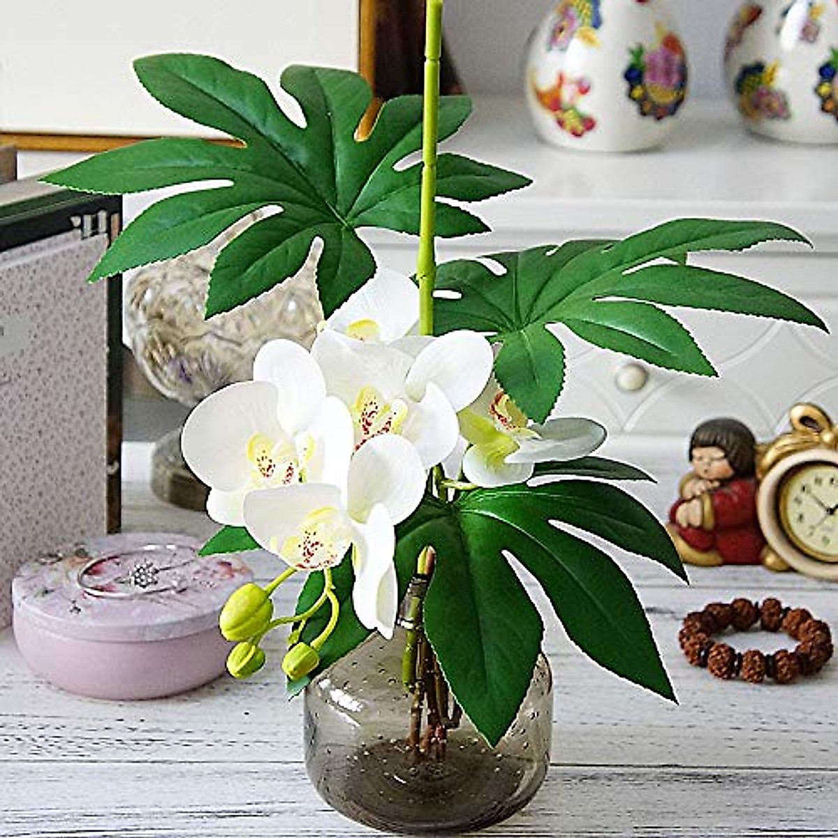 Calcifer 6 Pcs 3D Artificial Real Touch Latex Phalaenopsis Orchid Stem Bouquets Artificial Flowers for Wedding Party Home Garden Decoration (White&Yellow Heart)