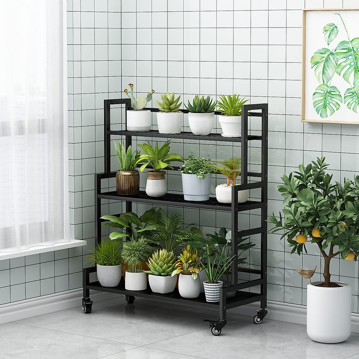 YIZAJIA Plant Stand Indoor 3 Tier Metal Outdoor Tiered Stands Shelf With wheel for Multiple Plants Potted Ladder Plant Holder Table Plant Pot Stand for Window Garden Balcony Living Room (3 Tier-Black)