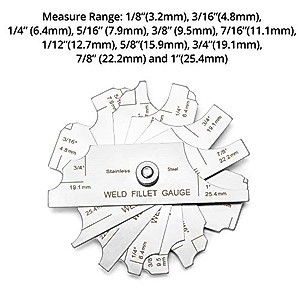 QWORK 7Pcs Fillet Weld Gauge Set - Welding Inspection Gauge Testing 1/8"-1" (3.2mm-25.4mm) Ulnar Metric & Inch, for Professional Welders