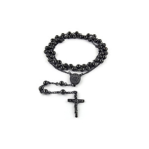 Stainless Steel Beaded Rosary Cross Necklace –6MM Crucifix Cross Medallion Rosary Chain Y-Necklace for Women & Men Religious Jewelry Comes in Silver, Gold, Rose, Black Color with a Gift Box (BB)