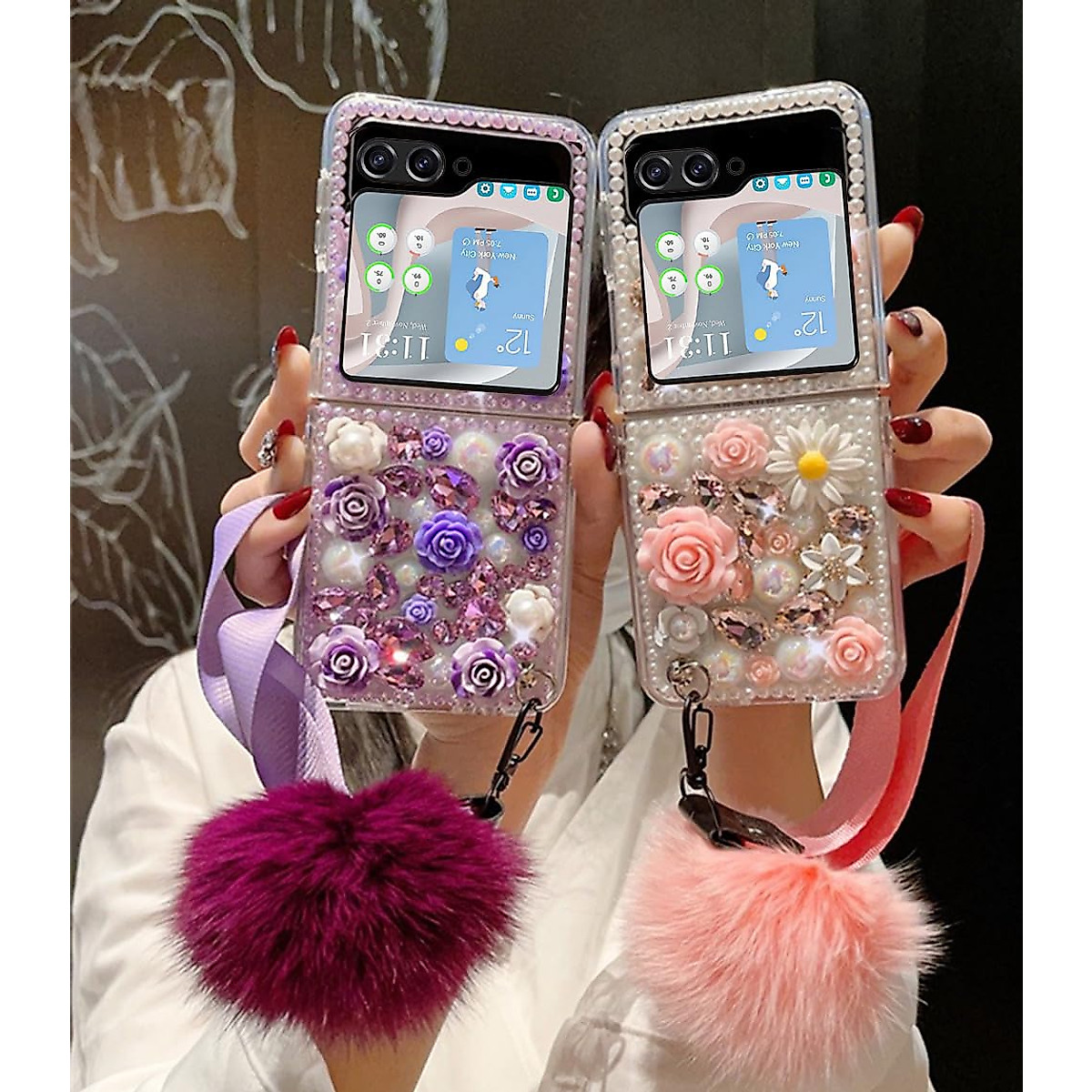 for Samsung Galaxy Z Flip 5 Case,Samsung Flip 5 Case Cute Bling Diamond Girly Design,Galaxy Flip 5 Case 3D Handmade Pearl Rose Flower with Wrist Lanyard,Flip 5 Phone Case for Women Girls (Purple)