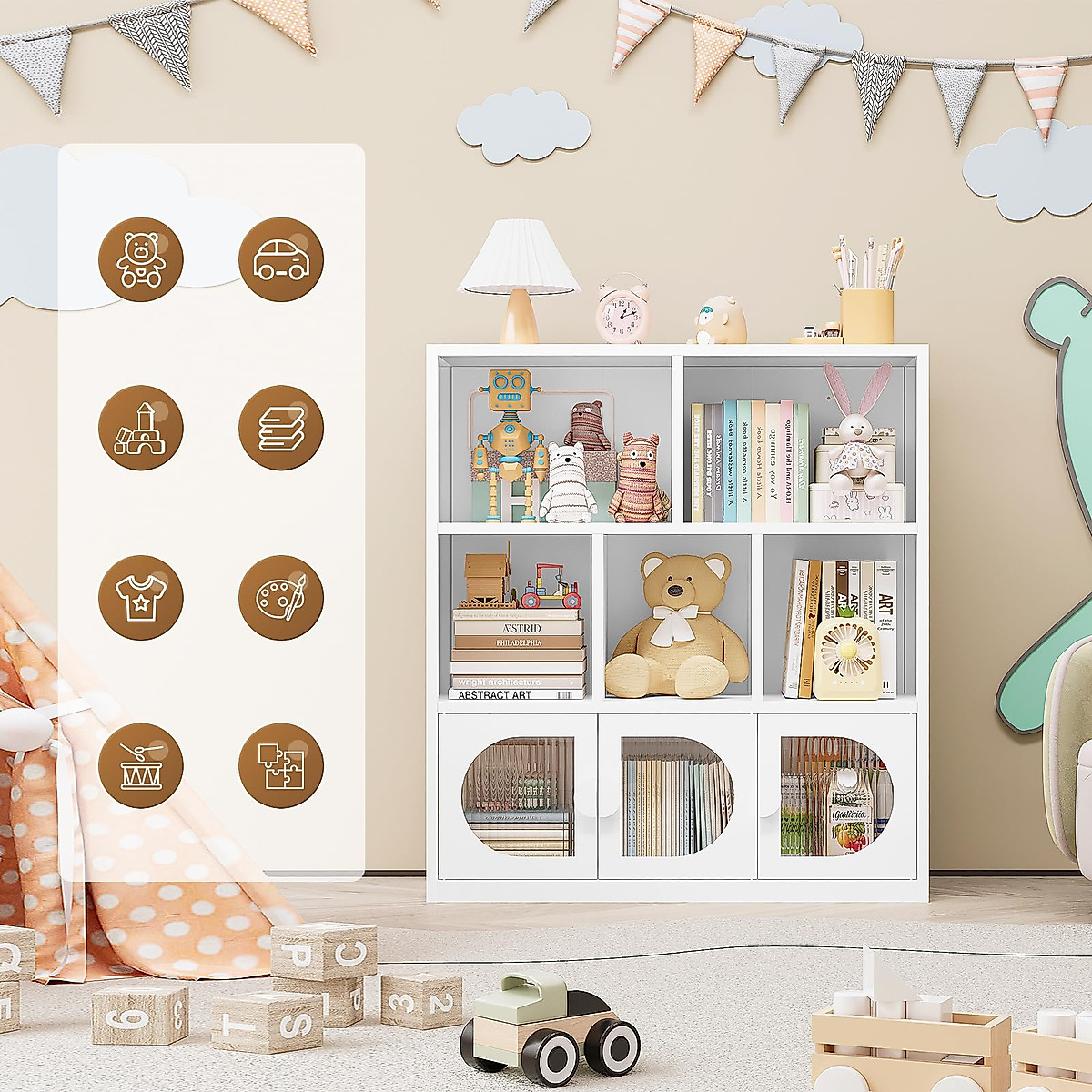 NODHM Toy Storage Organizer and Storage, Metal Toy Organizers with 5 Storage Cubbies and 3 Storage Cabinets, Book Shelf for Kids Rooms,Nursery, Playroom, Bedroom