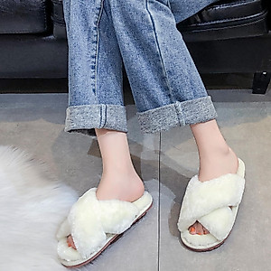 Crazy Lady Women's Fuzzy Fluffy House Slippers Cute Plush Memory Foam Shoes Cross Band Indoor Outdoor Open Toe Sandals(06/White, 7-8)