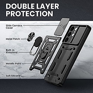 VEGO for Galaxy S21 Ultra Case with Slide Camera Cover, Built-in 360° Rotate Ring Kickstand Magnetic Cover Case for Samsung Galaxy S21 Ultra 5G 6.8 inch - Black