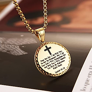 HZMAN Isaiah 41:10 Fear Not, For I Am With You Stainless Steel Religious Bible Verses Inspirational Cross Round Pendant Necklace for Men Women (Gold)