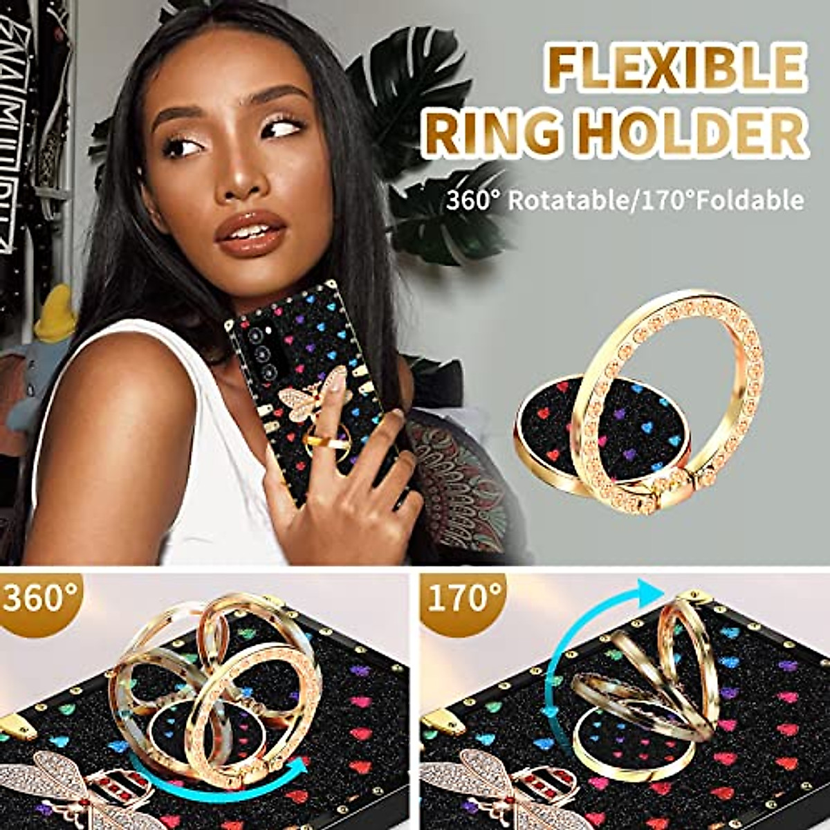 Loheckle for Samsung Galaxy S20 FE Case for Women, Designer Square Cases for Galaxy S20FE Case with Ring Stand Holder and Lanyard, Stylish Bees Luxury Cover for Samsung Galaxy S20 FE 5G 6.5 Inch