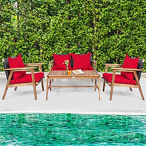 Tangkula 8-Piece Patio Furniture Set, Outdoor Acacia Wood Conversation Set with Cushions and Coffee Table, Outdoor PE Wicker Sectional Sofa Set for Garden, Poolside and Backyard (2, Red)