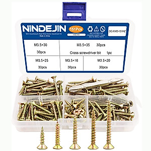 NINDEJIN Flat Head Wood Screws Assortment Kit, Phillips Drive Self Tapping Screws, M3.5 Small Wood Screws, Finish with Yellow Zinc Plated, 151 pcs Self-Tapping Screws Set with 1pcs Phillips Screw Bit
