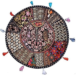 Indian Patchwork Pouf Cover Indian Living Room Pouf, Decorative Ottoman,Embroidered Designer Ottoman, Home Living Footstool Chair Cover, Bohemian Ottoman Pouf Decor (22 Inches, Black)