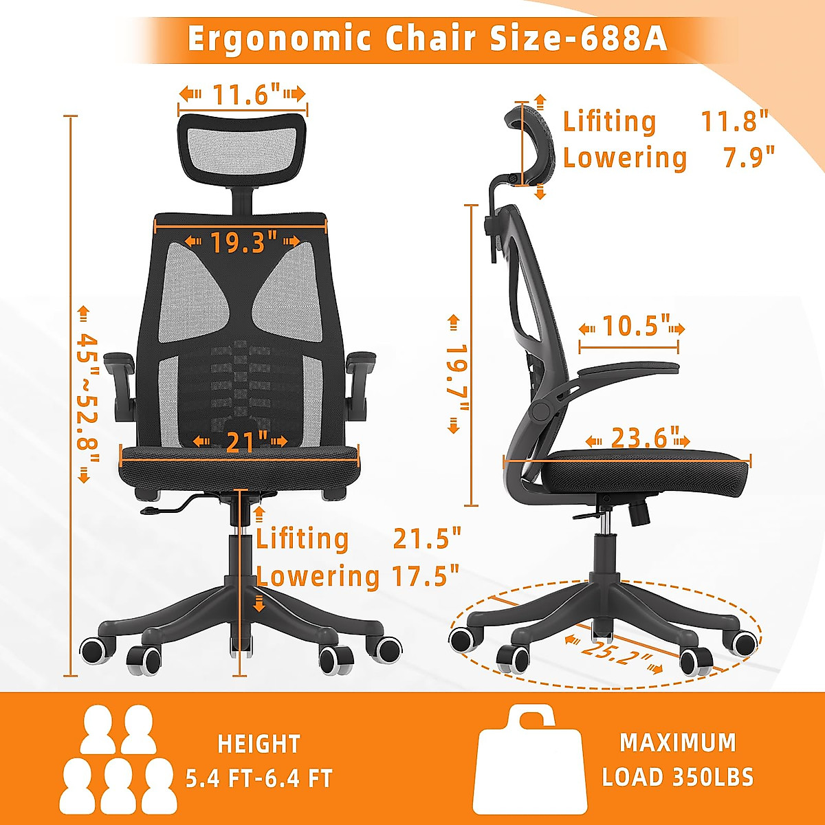 Ergonomic Office Chair, High Back Desk Chair, Breathable Mesh Desk Chair with Lumbar Support, Adjustable Headrest and Flip-Up Arms, Swivel Task Chair with Adjustable Height (Black)