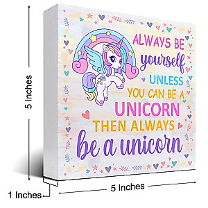 Always Be Yourself Unless You Can Be a Unicorn Inspirational Wood Block Sign Desk Decor,Cute Unicorn Wooden Box Plaque Sign Desk Decor for Nursery Girls Room Bedroom Playroom Decorations