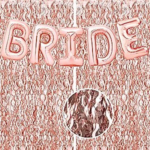 Wavy Tinsel Foil Fringe Curtains and 16 inch Bride Balloons Photo Backdrop for Bachelorette Party Decorations Bridal Shower Decorations(2 Pack 3.2 ft x 6.6 ft Rose Gold)