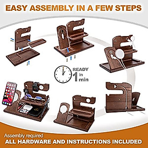 TESLYAR Wood Phone Docking Station Charger Xmas Gifts for Men or Dad for Husband Birthday Wife Nightstand Organizer Key Holder Wallet Solid Ash