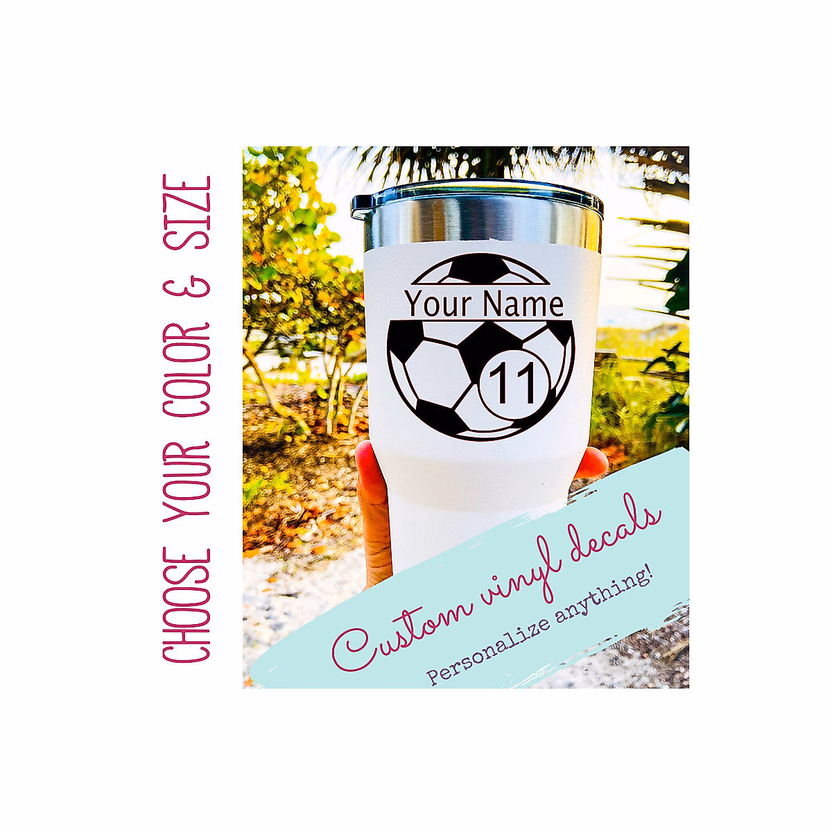 Custom Soccer Vinyl Decal - Fútbol Bumper Sticker, for Tumblers, Laptops, Car Windows - Pick Your Players Name, Number, Size and Color