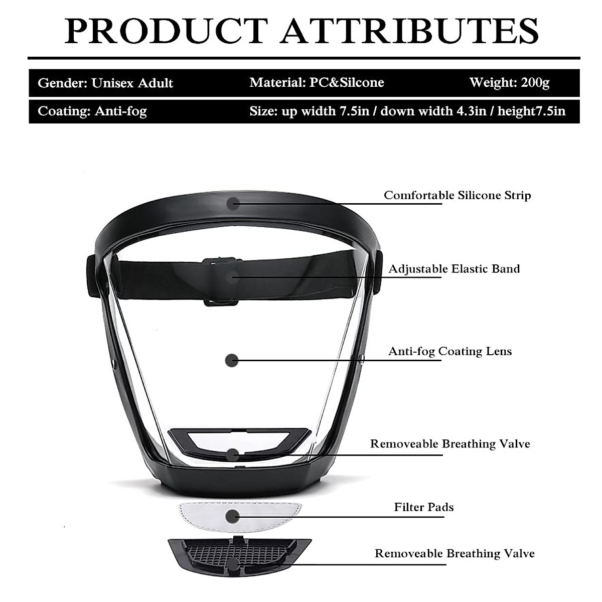 Verfimaci Unisex Super Protective Anti-Fog Face Shield with Detachable Flter, Hd Transparent Full Face shield,Reusable Eye, Nose, Mouth Protection (Black)