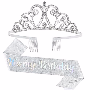 BAHABY Birthday Crown for Women It's My Birthday Sash & Rhinestone Tiara Set Birthday Sash and Tiara for Women Rhinestone Headband for Girl Glitter Crystal Hair Accessories for Party- Silver