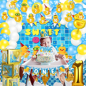 Poen 119 Pcs Sweet One Duck 1st Birthday Party Decorations Set Includes Balloons Backdrop Garland Monthly Photo Highchair Banner Tablecloth Cake Topper Balloon Box Cutout Crown for Duck Party Supplies
