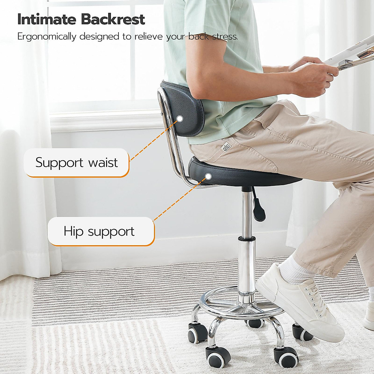 HOOBRO Height Adjustable Rolling Stool, 360° Rotating Drafting Chair, Multi-Purpose Office Desk Chair, Rolling Swivel Salon Stool Chair, for Barber Shop, Nail Salon, Office, Black SB01BY01