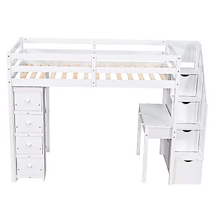 BIADNBZ Wood Loft Bed Twin Size with Desk and Stairs Storage, Wooden Loftbed with 4 Drawers and 3-Tier Shelves, for Kids Teens Bedroom, Stairway High Bedframe, White