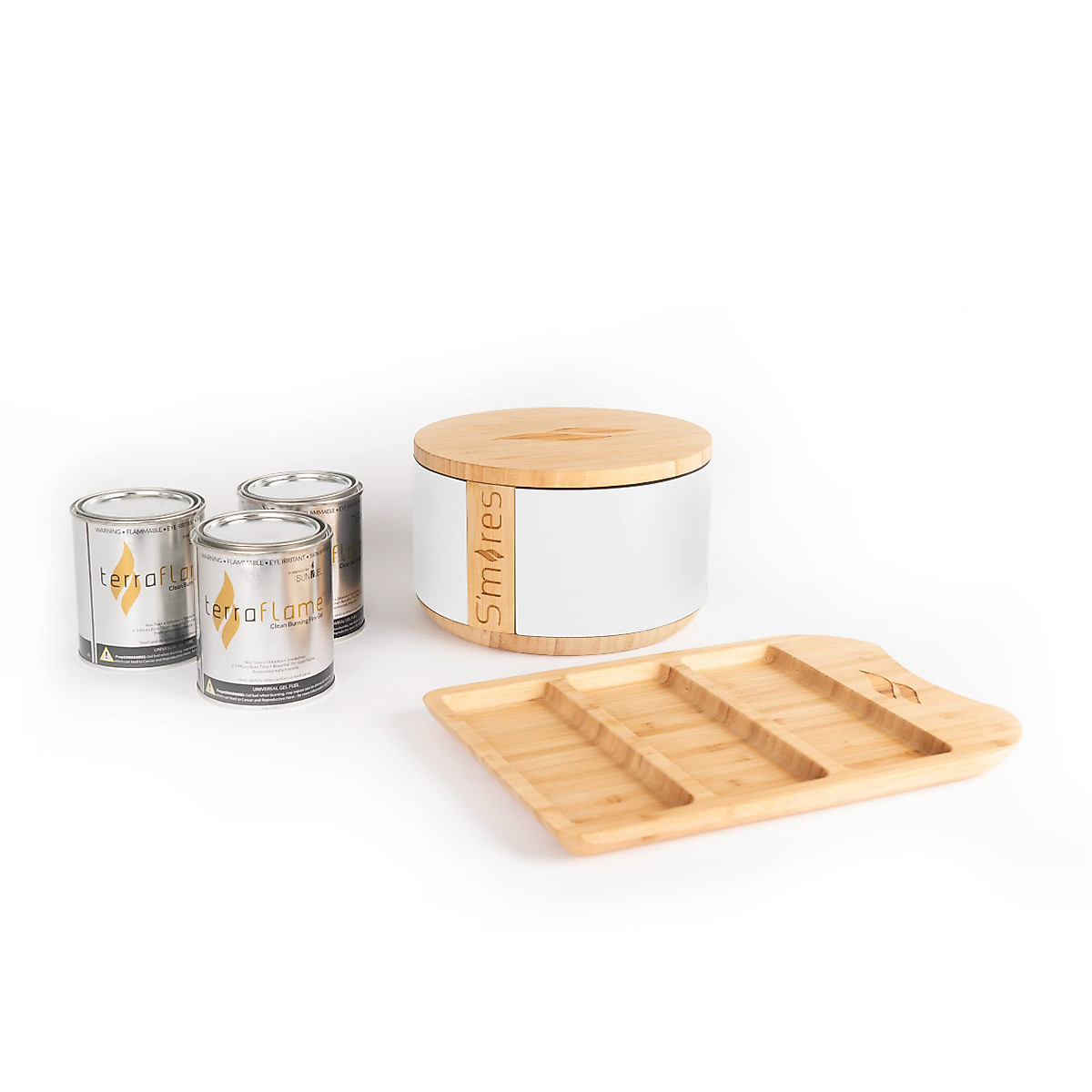 TerraFlame Portable Indoor and Outdoor Smoke Free Clean Burning Gel Fuel S'mores Roaster Tabletop Gift Set with Bamboo Tray - White