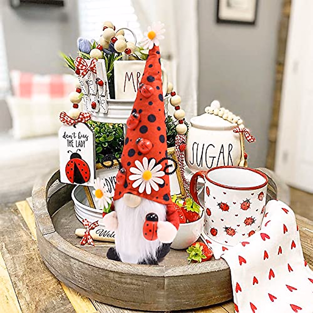 Upltowtme Ladybug Gnomes Ladybug Kitchen Tiered Tray Decor Ladybird Gnomes Plush Swedish Tomte Scandinavian Figurine Spring Summer Farmhouse Household Ornament
