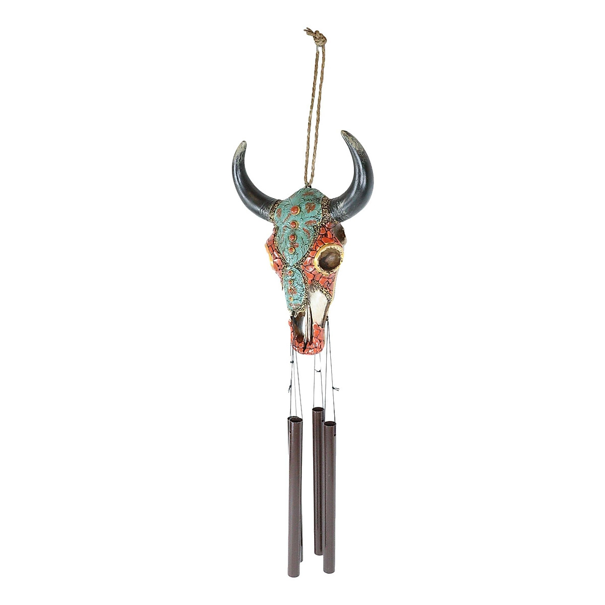 Ebros Gift Pack of 2 Rustic Western Faux Tooled Leather Ornate Bison Cow Skull with Turquoise and Ember Gems Decorative Wind Chimes Garden Patio Mobile Figurines Country Tribal Southwestern Accent
