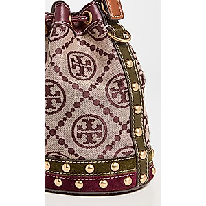 Tory Burch Women's T Monogram Jacquard Studded Bucket Bag, Claret, Red, Print, One Size