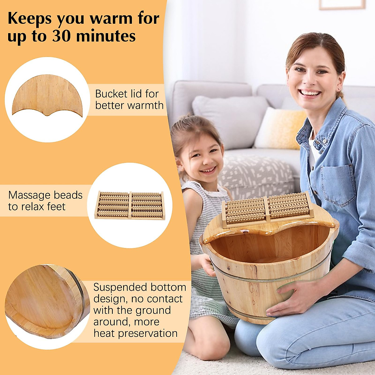 Kaichenyt Wooden Foot Basin, Solid Cedar Wood Foot Tub with Cover Plate, Wooden Bucket Foot Bath with Massage, Pedicure Barrel for Foot Bath, Soak, Massage, Spa, Sauna