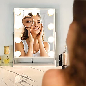 Acoolda Vanity Mirror with Lights, Hollywood Lighted Makeup Mirror with 9 Dimmable LED Bulbs, 3 Color Lighting Modes, Detachable 10X Magnification, 360°Rotation,White