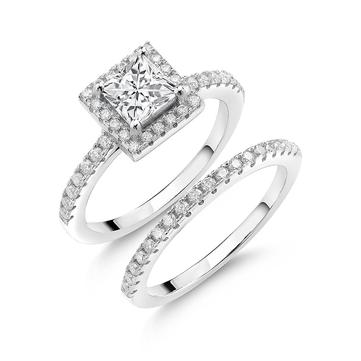 Gem Stone King 925 Sterling Silver White Moissanite Engagement Wedding Engagement Ring Band Bridal Set For Women (1.36 Cttw, Gemstone, Princess 5MM, Size 7)