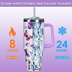 40 Oz Tumbler With Handle 40oz Purple Butterfly Tumbler With Lid Straw Double Insulated Travel Coffee Mug Butterfly Gifts For Women