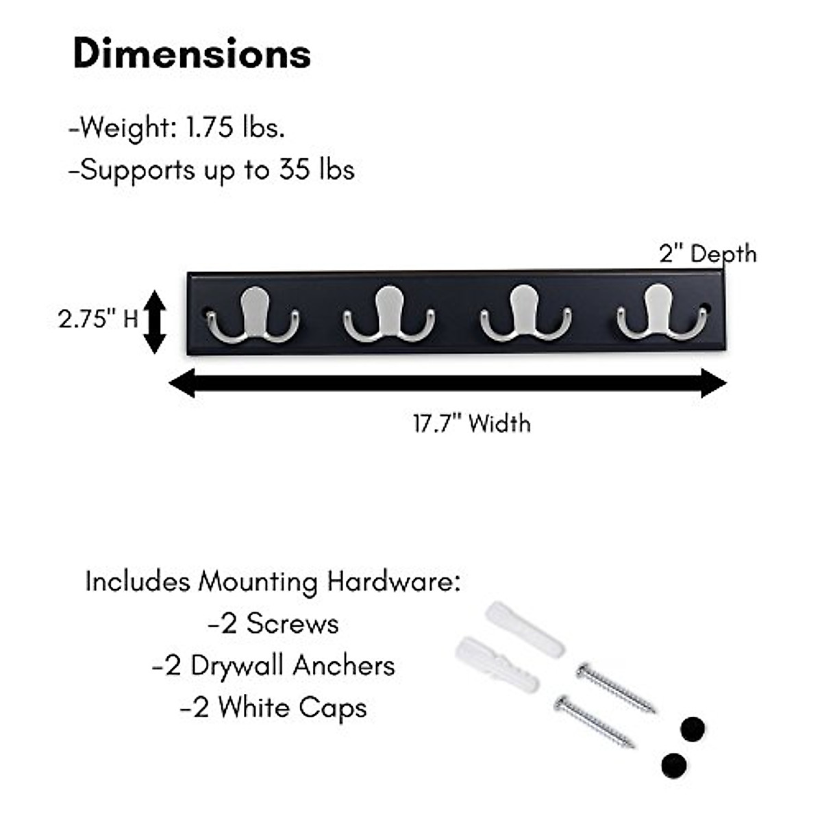 BirdRock Home Dual Hook Coat and Hat Rack - 4 Dual Hooks - 17 Inches - Wall Mount - Decorative Home Storage - Entryway Foyer Hallway Bathroom Bedroom Rail - Satin Nickel Hooks - Black Pine Bathroom Ra