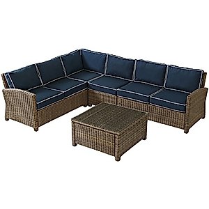 Crosley Furniture Bradenton 5-Piece Outdoor Sectional Sofa Wicker Conversation Patio Furniture Set for Deck, Brown with Navy Cushions