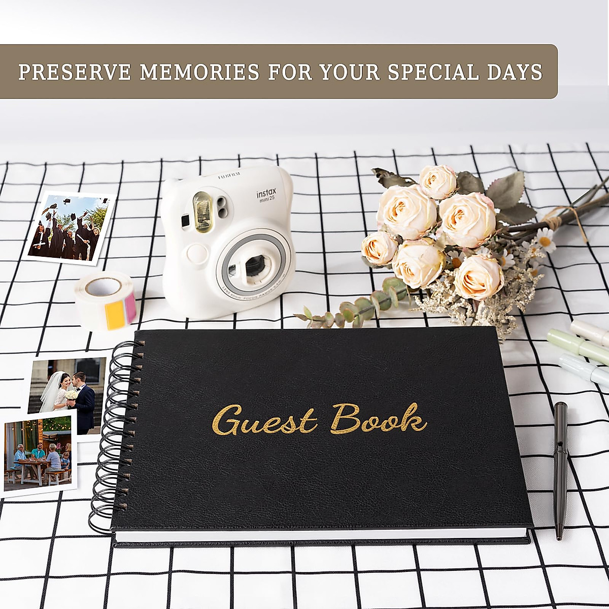 WEMATE Guest Book, Leather Memorial Guestbook,Suitable for Funeral,Graduation and Special Events,Polaroid Guest Book with A Pen,136 Blank&Lined Pages for Sign in and Photos 7"x10″ (Black)