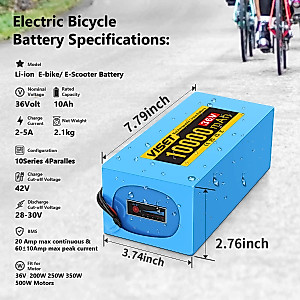 VISET Ebike Battery Pack 36V 48V 10Ah 14Ah 20Ah Electric Bike Battery Li-ion with 2Ah Charger for 350W 450W 750W 500W 800W 1000W Electric Bicycle Motor (36V 10Ah Light 200W-500W)
