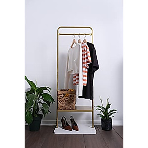VEGAINDOOR Heavy-Duty Sturdy Clothes Rack with Wood & Metal Shelf , Freestanding Clothing Rack , Single Rod Garment Rack , Easy to Assemble Portable Clothes Rail , Storage Solution for Small Spaces