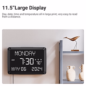 11.5” Digital Wall Clock with Date,Time,Week,Indoor Temperature,3 Alarms,5 Dimmer,2 USB Chargers,Battery Backup,Snooze,12/24H for Elderly,Parents,Impaired Vision,Dementia,Memory Loss,Office,Bedroom