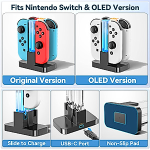 Switch Controller Charger Dock for Nintendo Switch Joycon, Joy con Charging Dock with Lamppost LED Indication, Switch Charging Station Stand for 4 Joy Cons, Joycon Charger with Type-C Cable