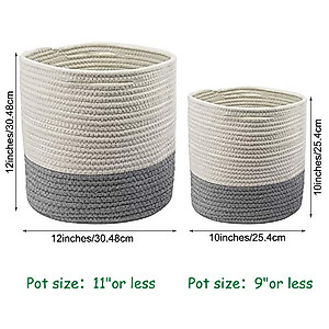 Finderomend 2-Pack Cotton Rope Plant Baskets Cotton Rope Woven Plant Basket for Indoor Plants | Neutral Round Cube Organizer Baskets Bin for Crafts, Toys, Towels and More (12"x12" and 10"x10")