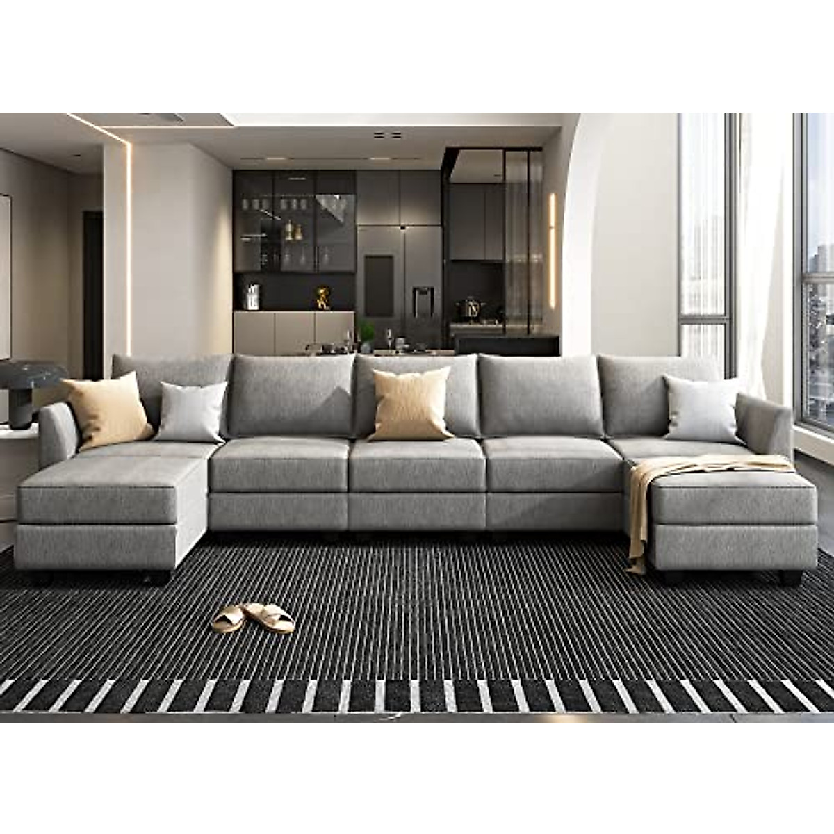 HONBAY Modern Fabric Corner Sectional Sofa Modular Sectional Couch with Ottoman U Shape Sofa 7 Seater Couch with Storage for Living Room, Grey